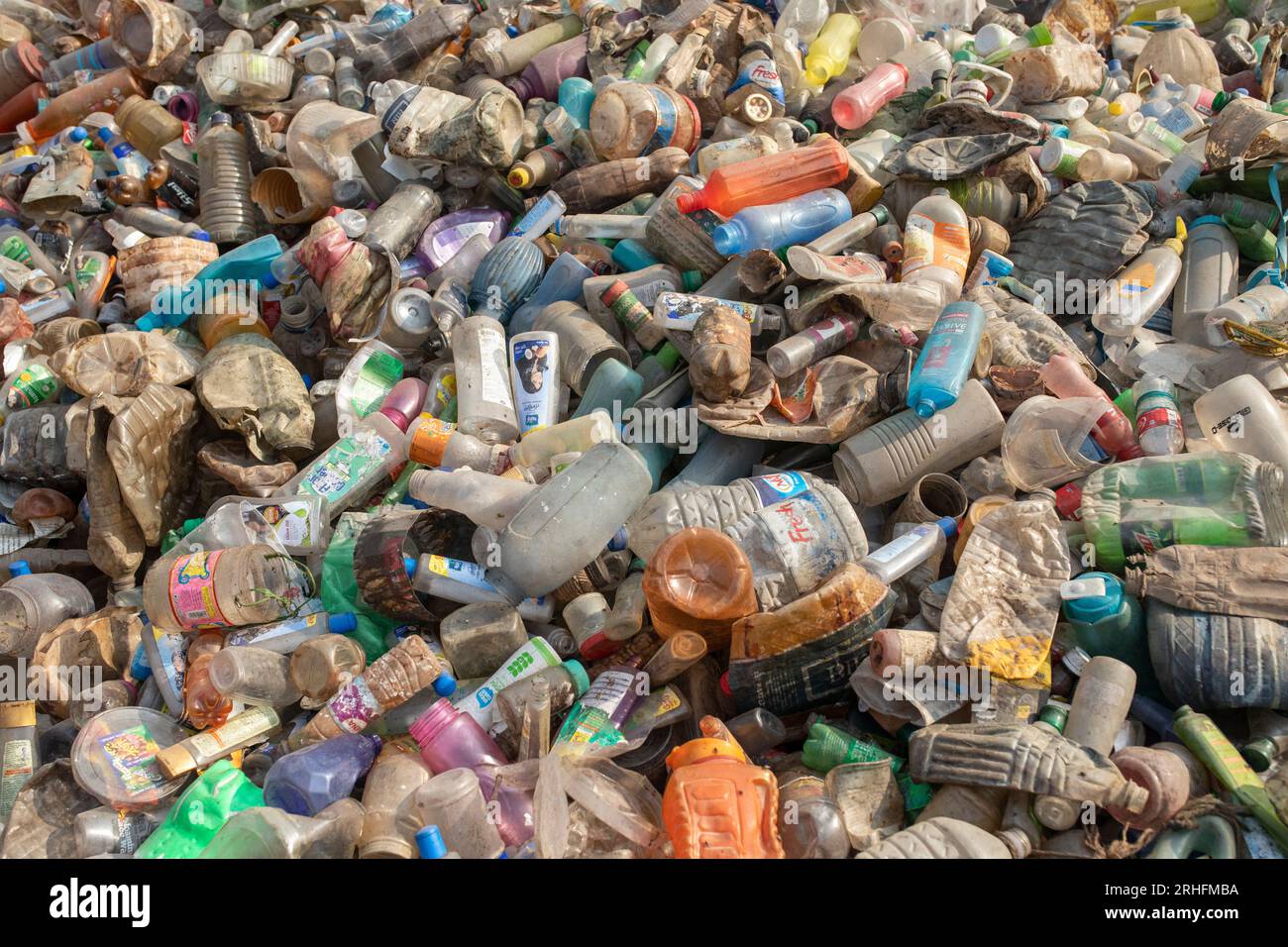 Different types of plastic bottles gathered for recycling in Dhaka ...