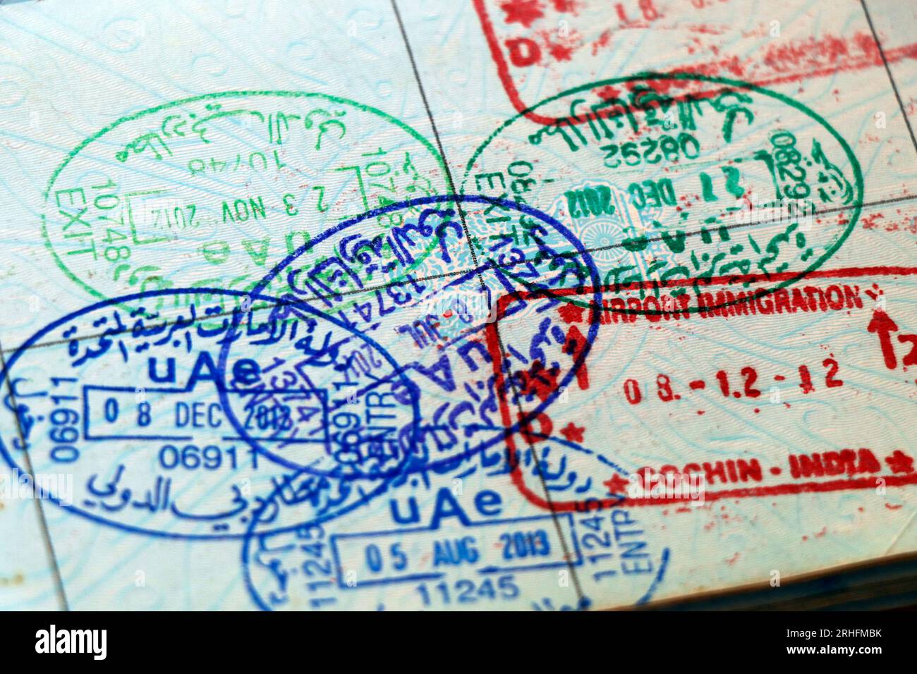 UAE visa stamping, united arab emirates and indian official stamps on a ...