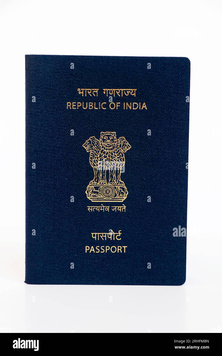 indian national blue passport on a white background in close up Stock ...