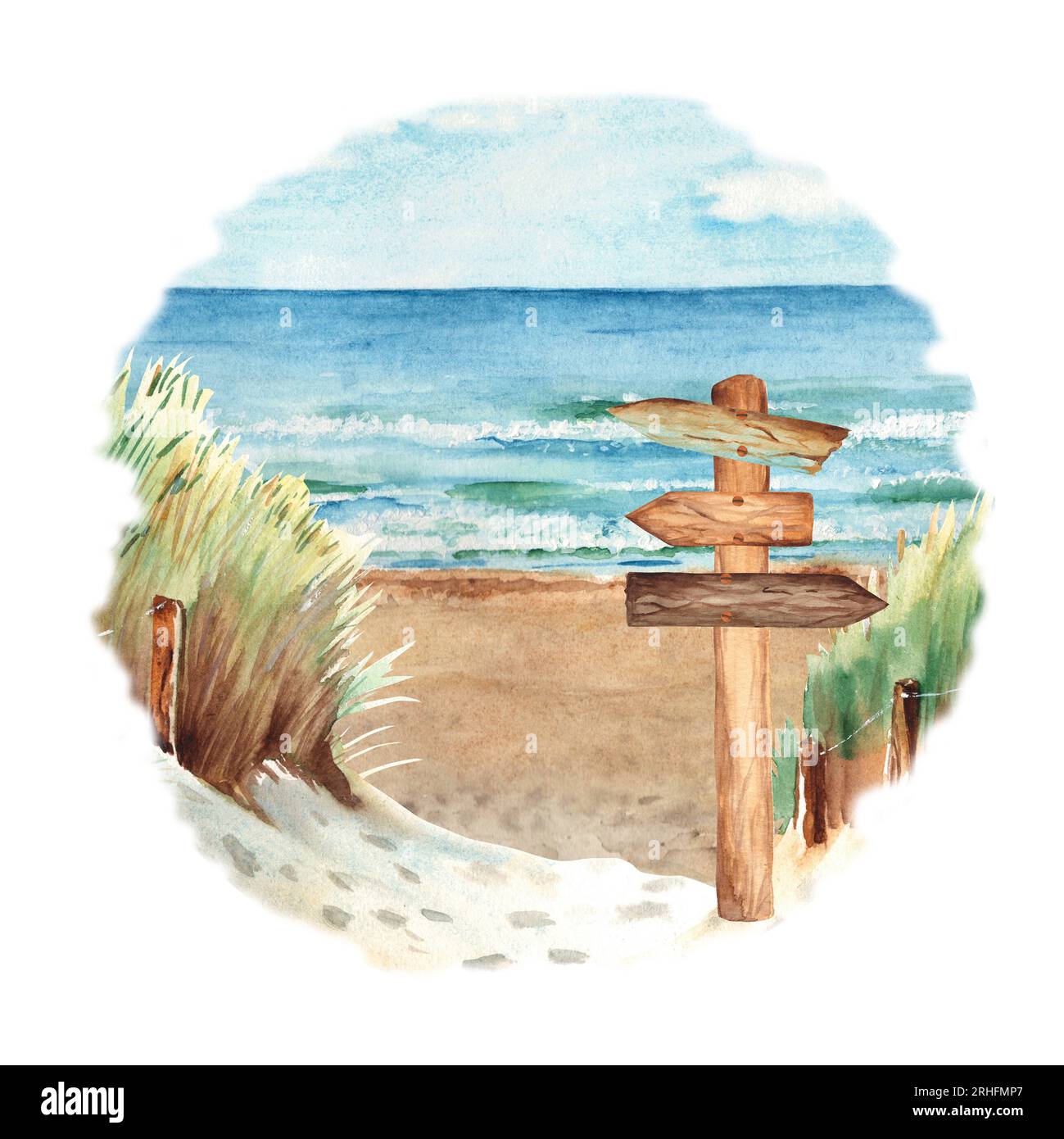 Baltic sea beach with sand dunes and wooden signpost with arrows trafic ...