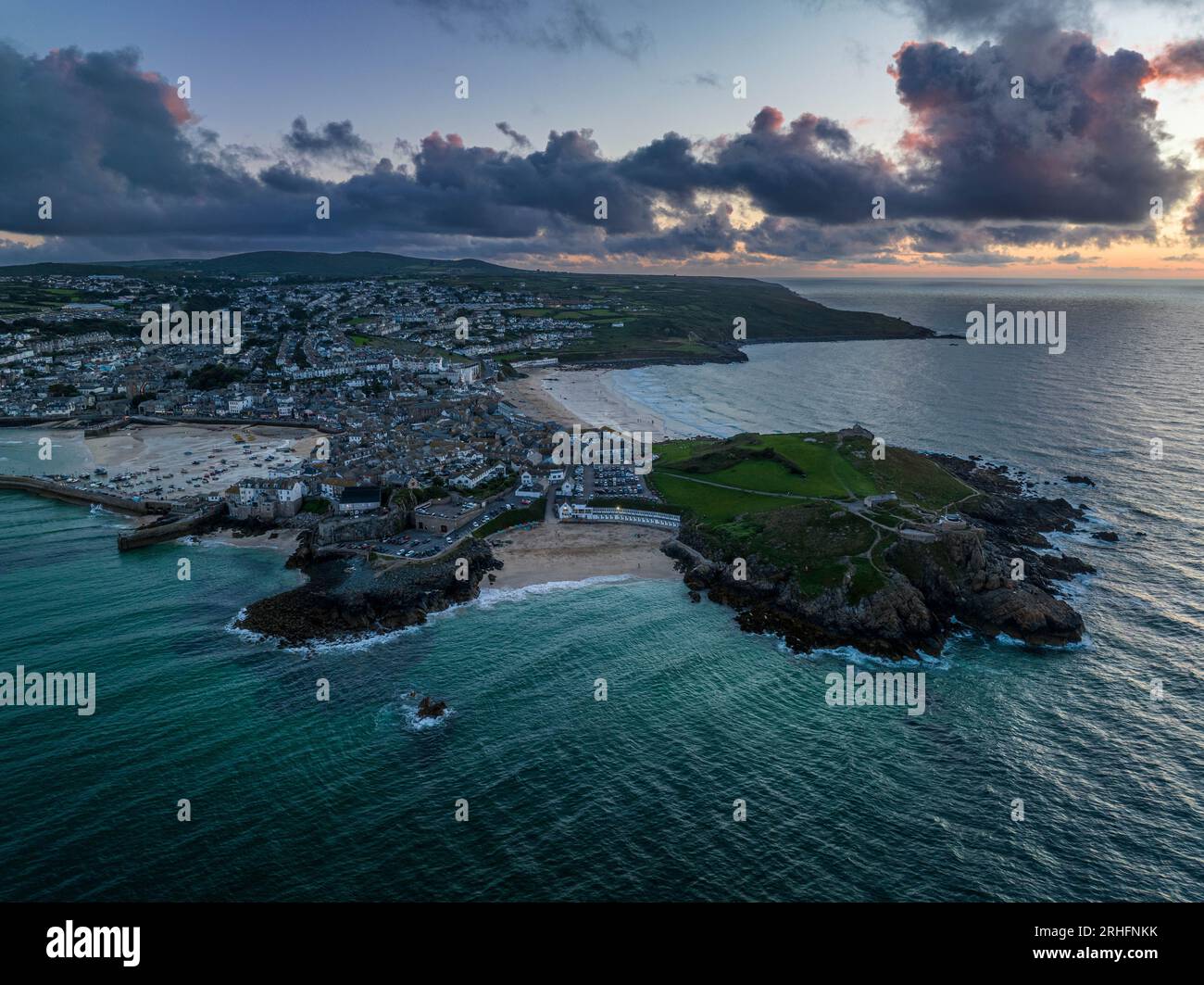 St Ives harbour, Cornwall, UK. At sunset aerial view Stock Photo - Alamy