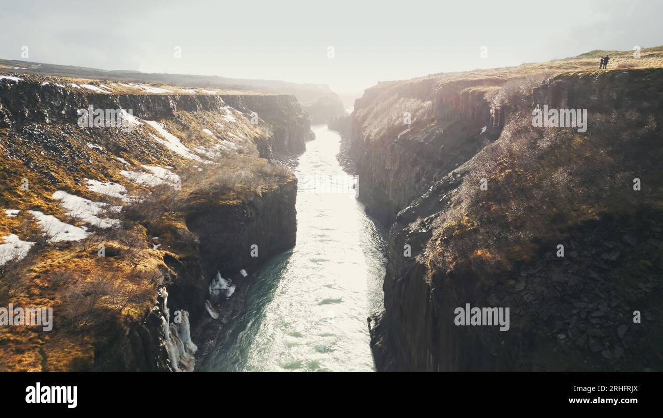 Drone shot of gullfoss waterfall in iceland, majestic cascade flowing ...