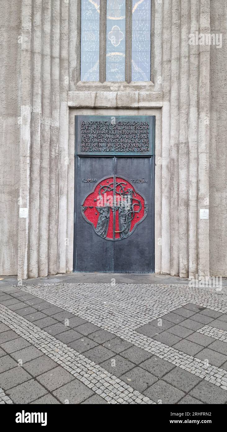 Front door of hallgrimskirkja church circa March 2023, artistic ...