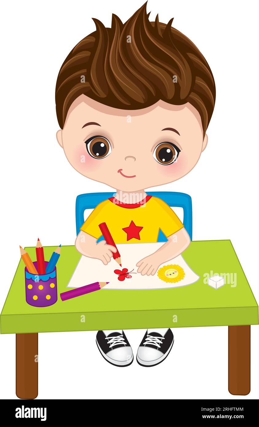 Cute Little Boy Drawing. Vector Little Artist Stock Vector Image & Art ...