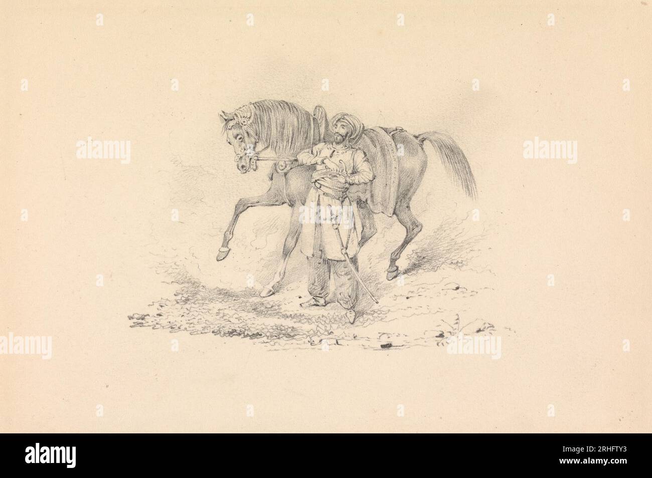 Turbaned Cavalryman Standing Beside a Horse by Henry Thomas Alken Stock ...
