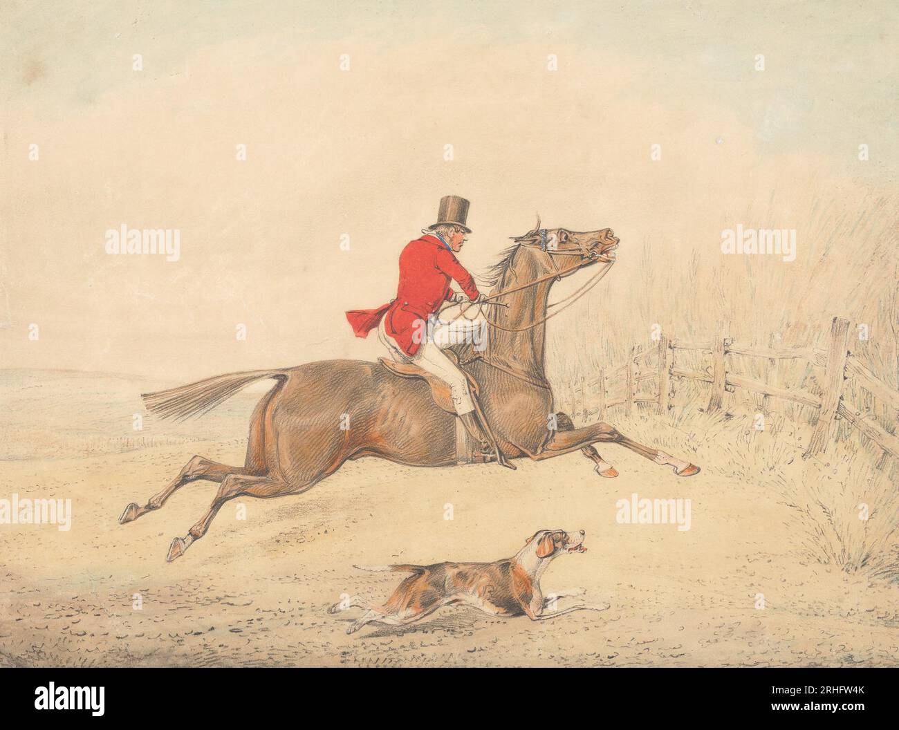 Rider on a Brown Horse About to Jump a Rail Fence to the Right by Henry ...