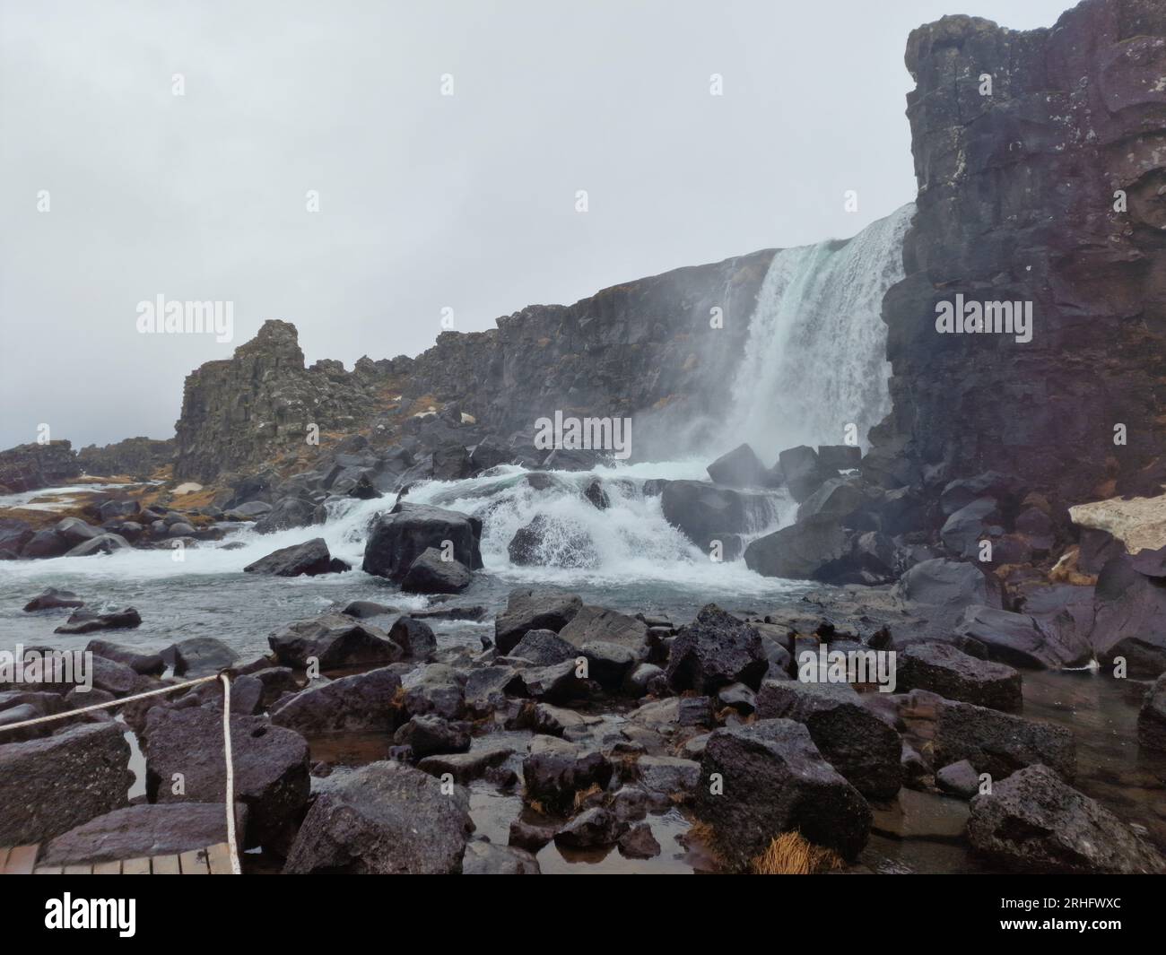 Iceland gullfoss cascade near rocky tops with water stream surrounded ...