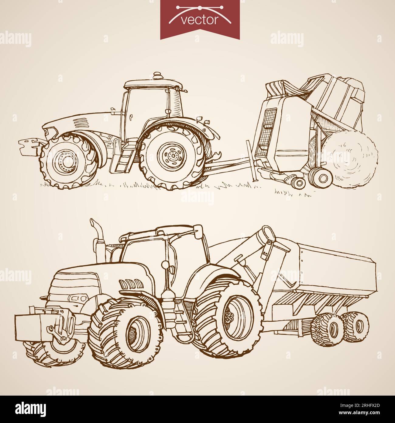 Engraving vintage hand drawn vector tractor and combine collection ... Engraving vintage hand drawn vector tractor and combine collection ...