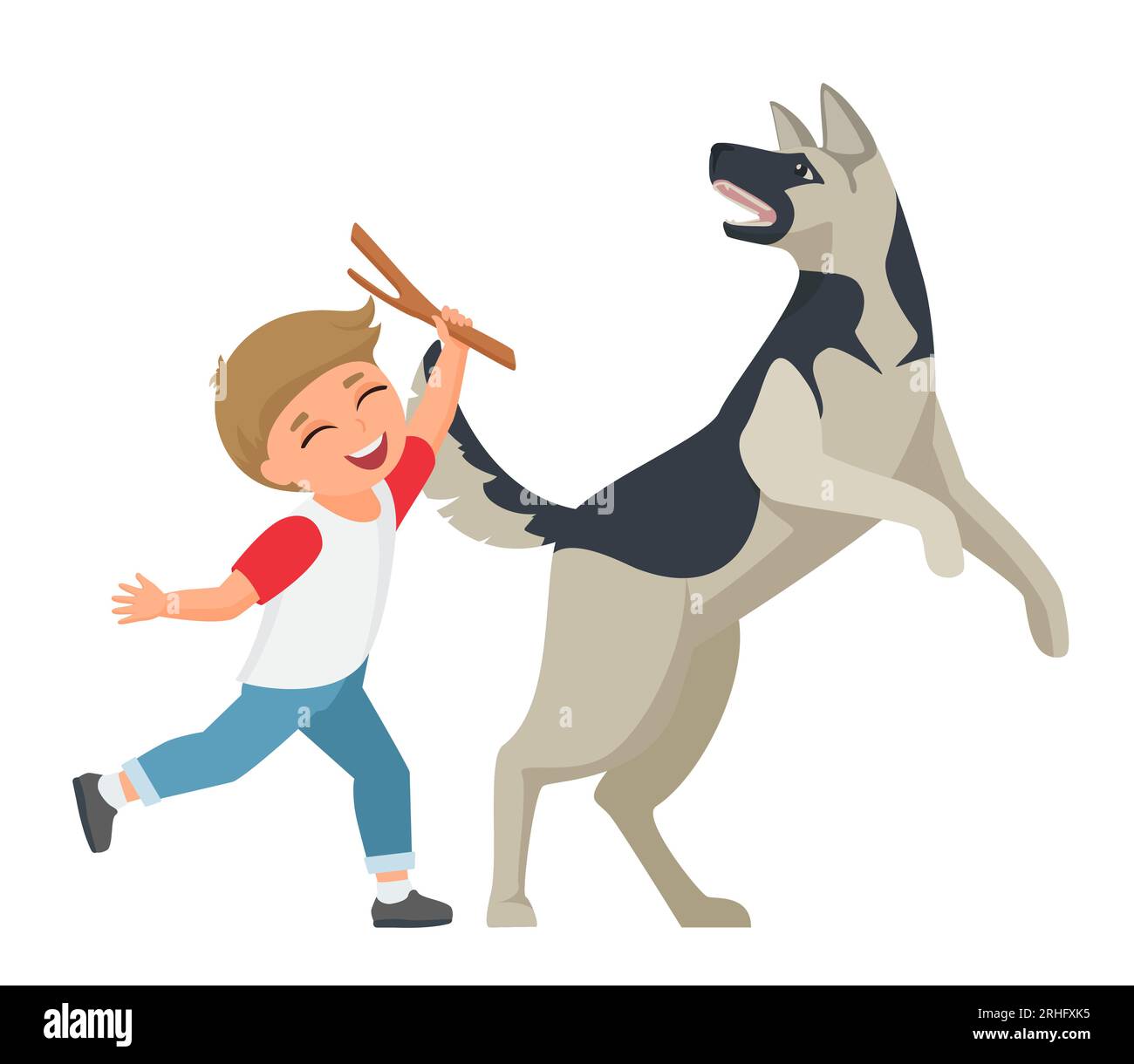 Boy throwing stick for dog. Outdoor pet walking and playing, kid best ...