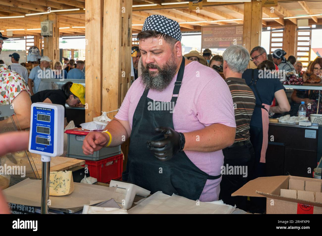 Istra, Russia, 04 August 2023. Farmers selling cheese of their own ...