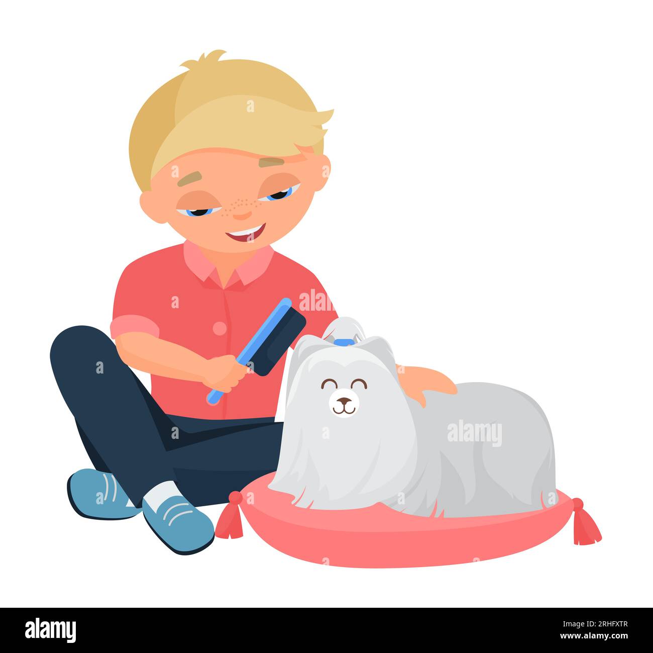 Little kid combing his dog. Fluffy family pet, child puppy friend ... Little kid combing his dog. Fluffy family pet, child puppy friend ...