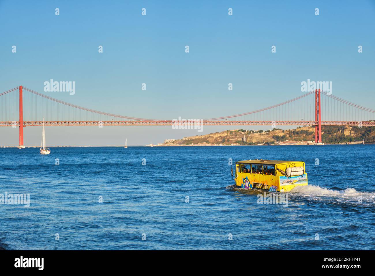 HIPPOtrip amphibious sightseeing tourist bus in Tagus river Stock Photo ...