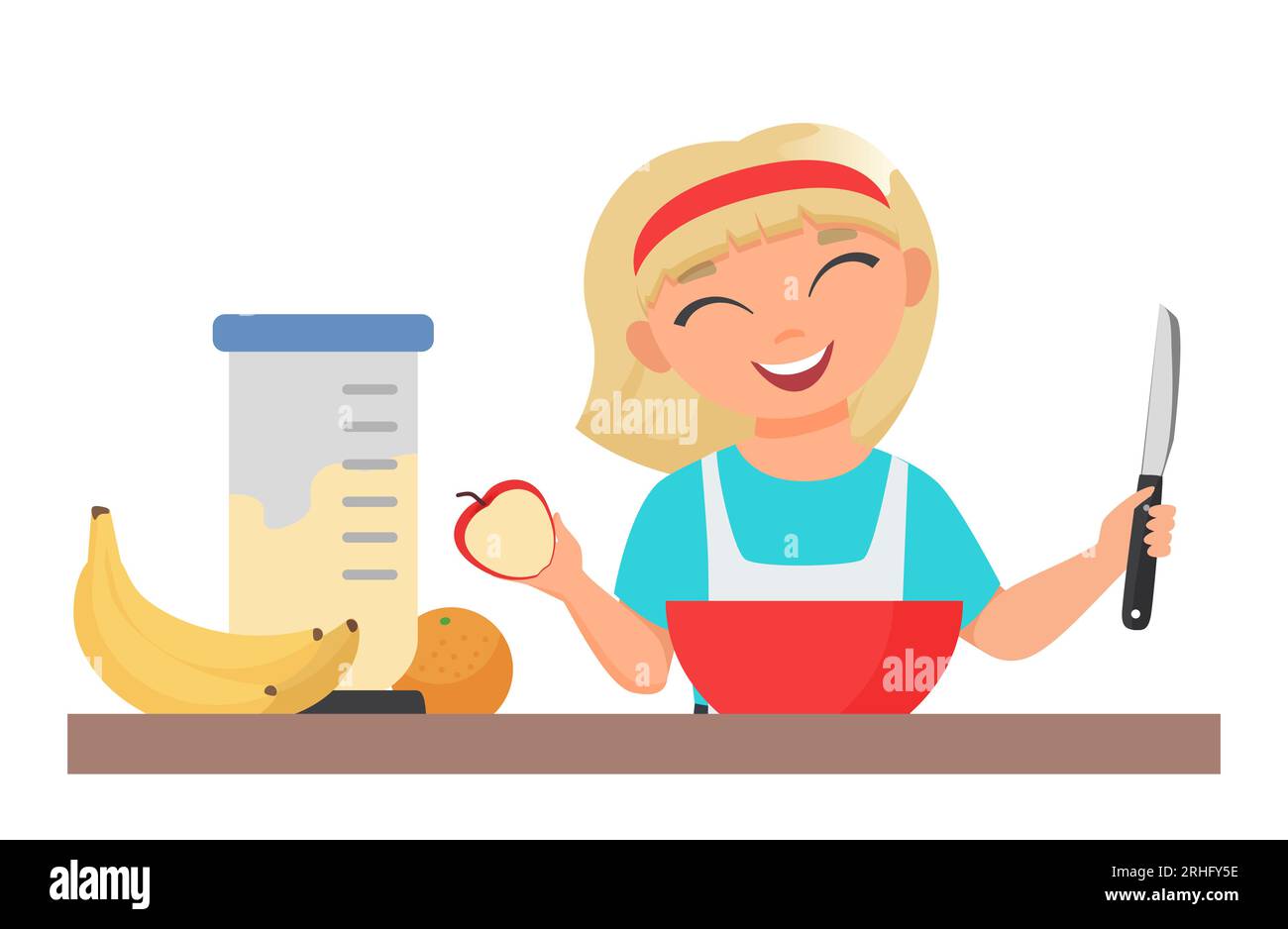 Smiling little girl cutting fruits. Kid preparing fruit shake vector ...