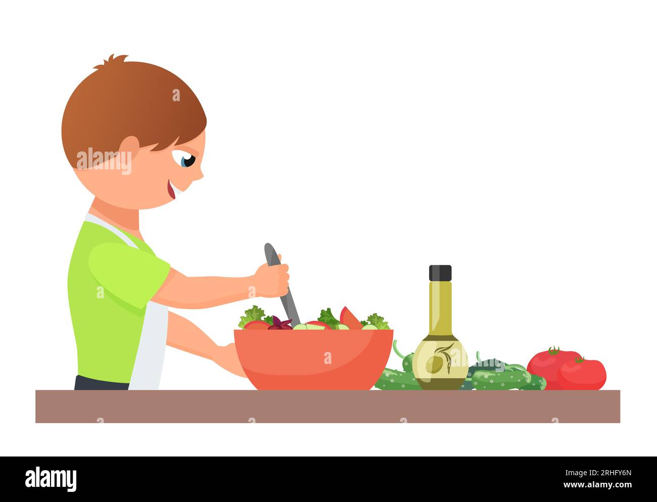 Kid preparing salad. Little boy cooking, child chef at kitchen vector ...