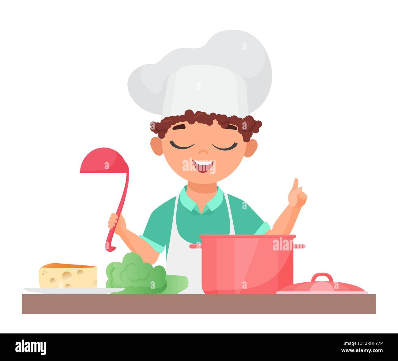 Little chef child cooking. Little boy in kitchen preparing soup vector ...