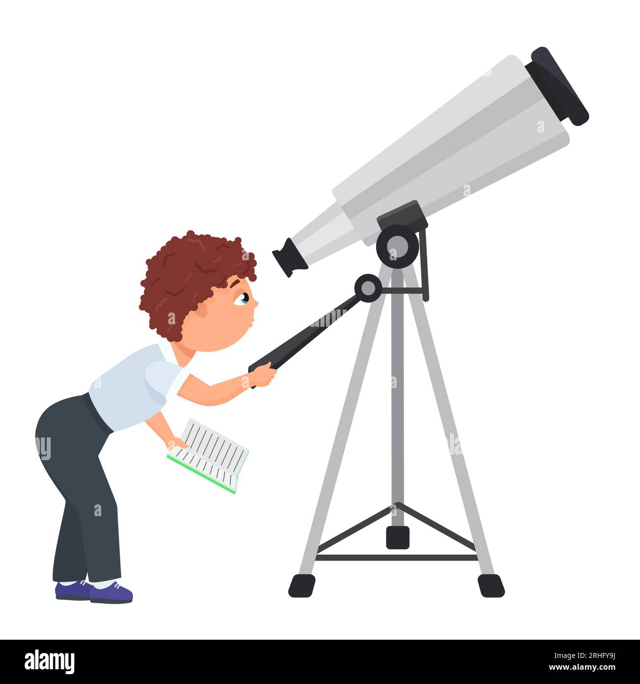 School kid with telescope. School astronomy learning, school pupil ...