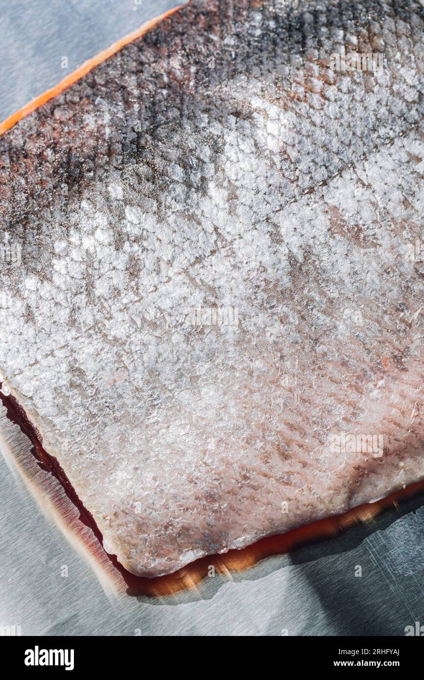 metallic silver Salmon fish skin, scales ready to bake, cook on aluminum foil Stock Photo - Alamy