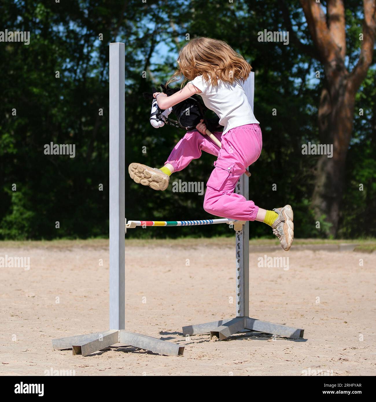 Girl jumping on hobby horse. Champion. Horse sport. Summer light. Green ...