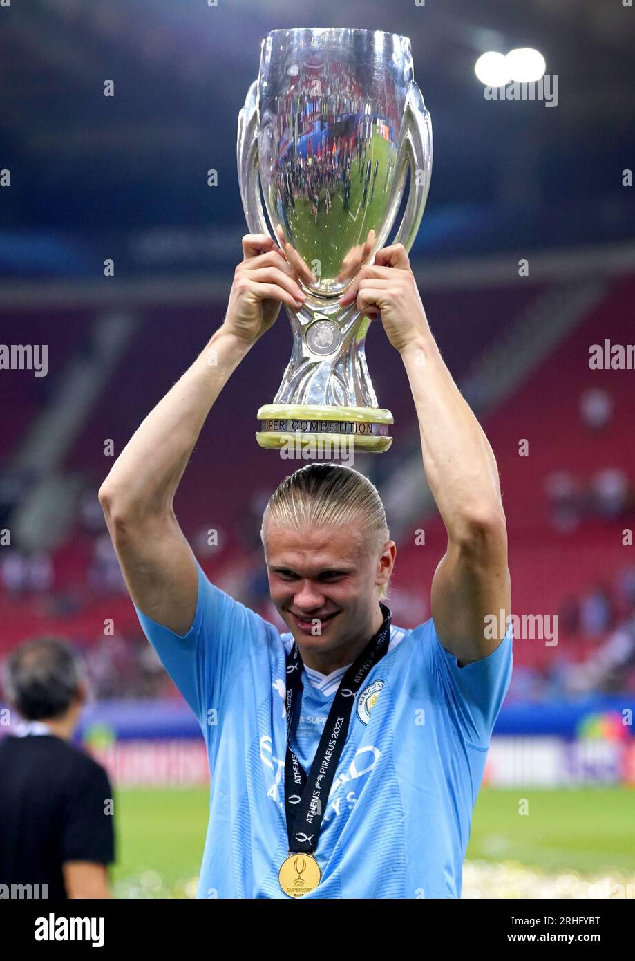 Manchester City's Erling Haaland celebrates with the UEFA Super Cup ...