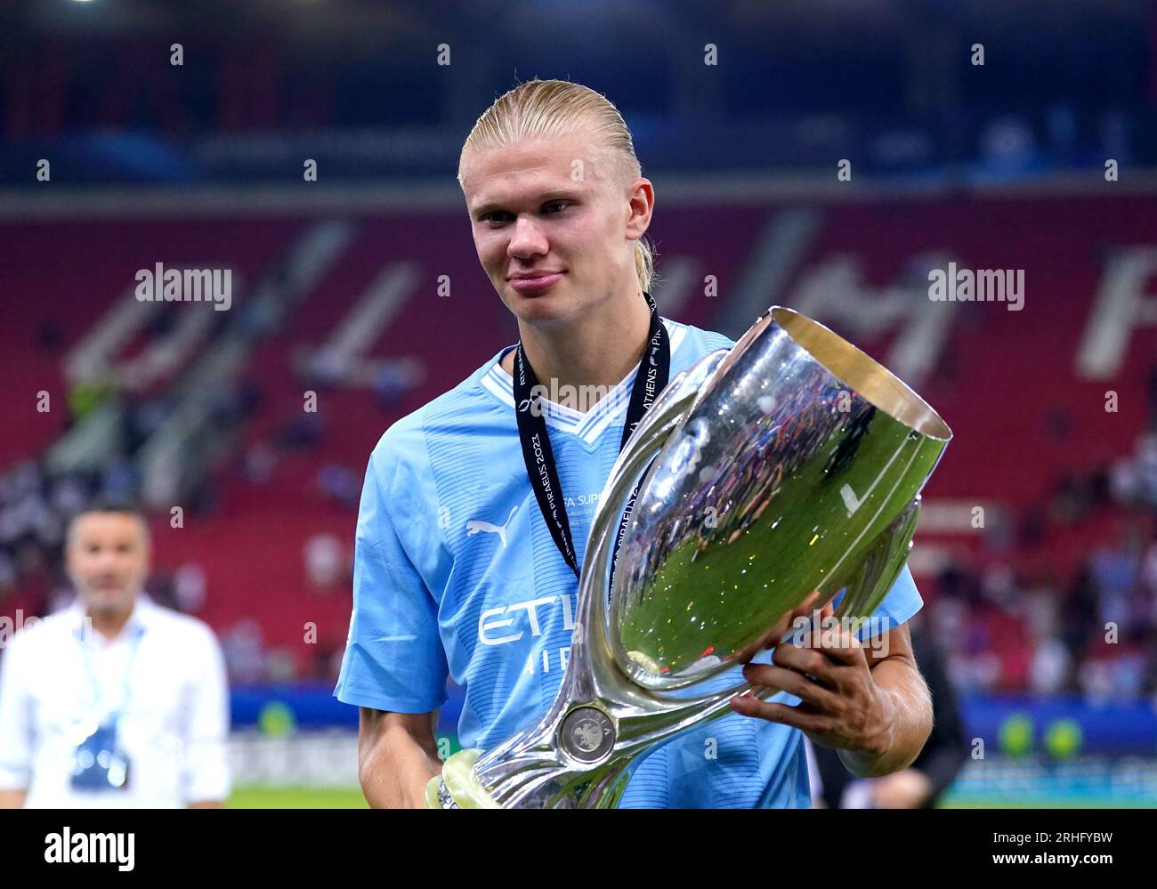 Manchester City's Erling Haaland poses for a photo with the UEFA Super ...
