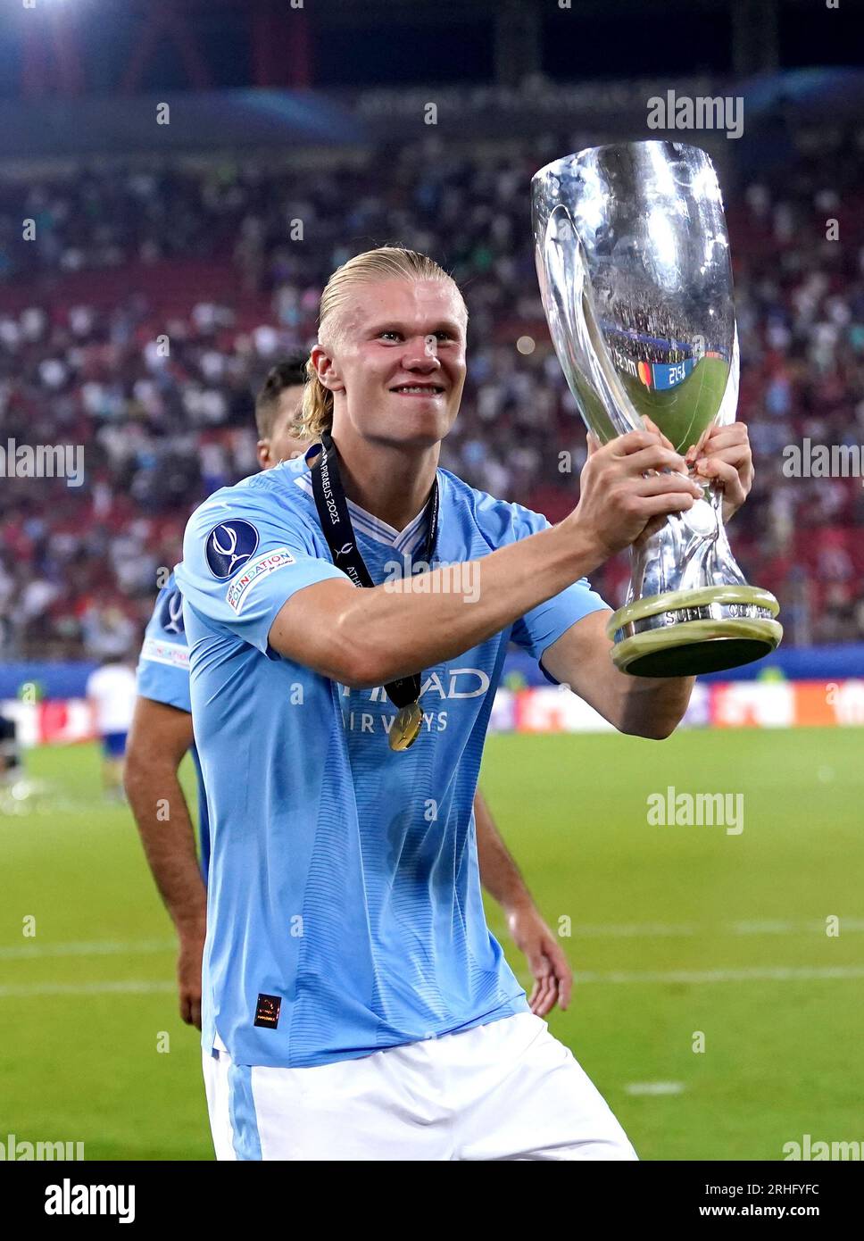 Manchester City's Erling Haaland celebrates with the UEFA Super Cup ...