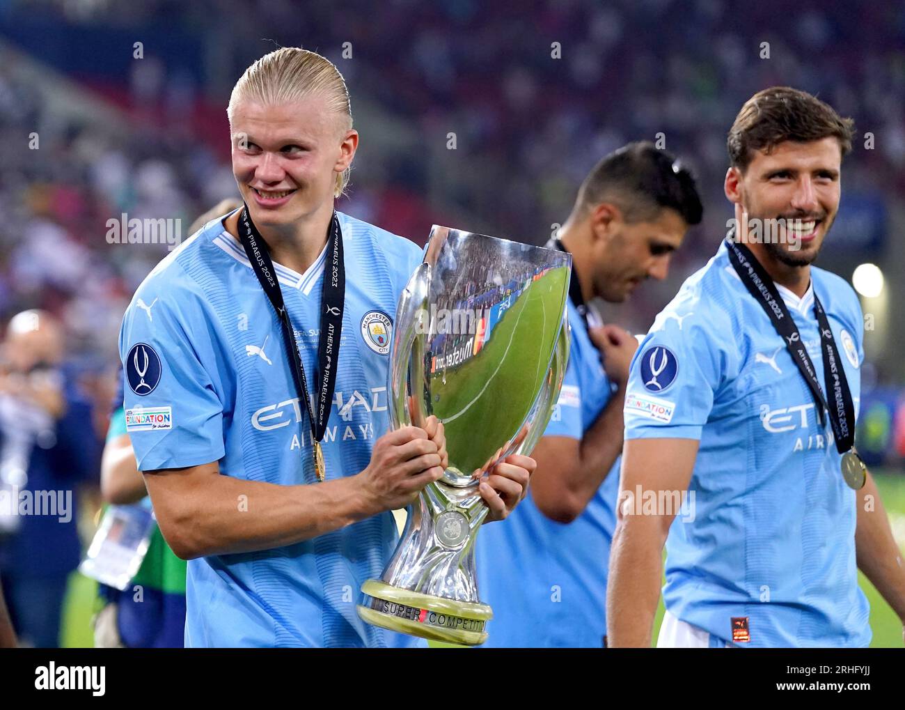 Manchester City's Erling Haaland celebrates with the UEFA Super Cup ...