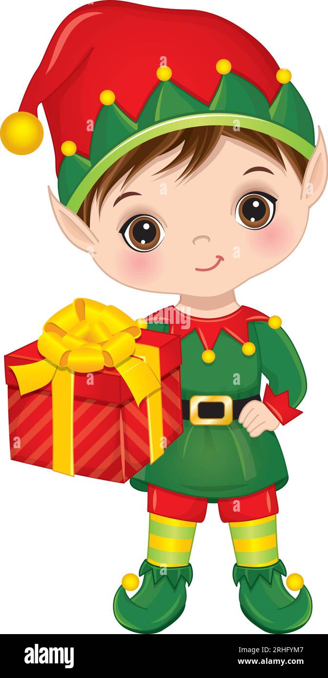 Vector Cartoon Cute Little Elf Boy with Gift Box Stock Vector Image ...