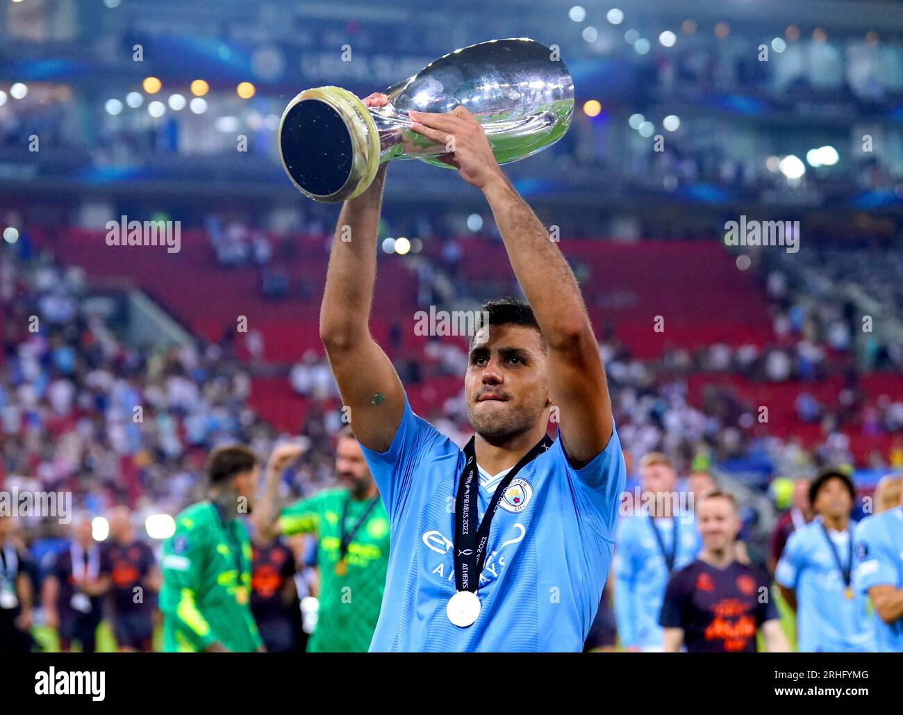 Manchester City's Rodri celebrates with the UEFA Super Cup trophy after ...