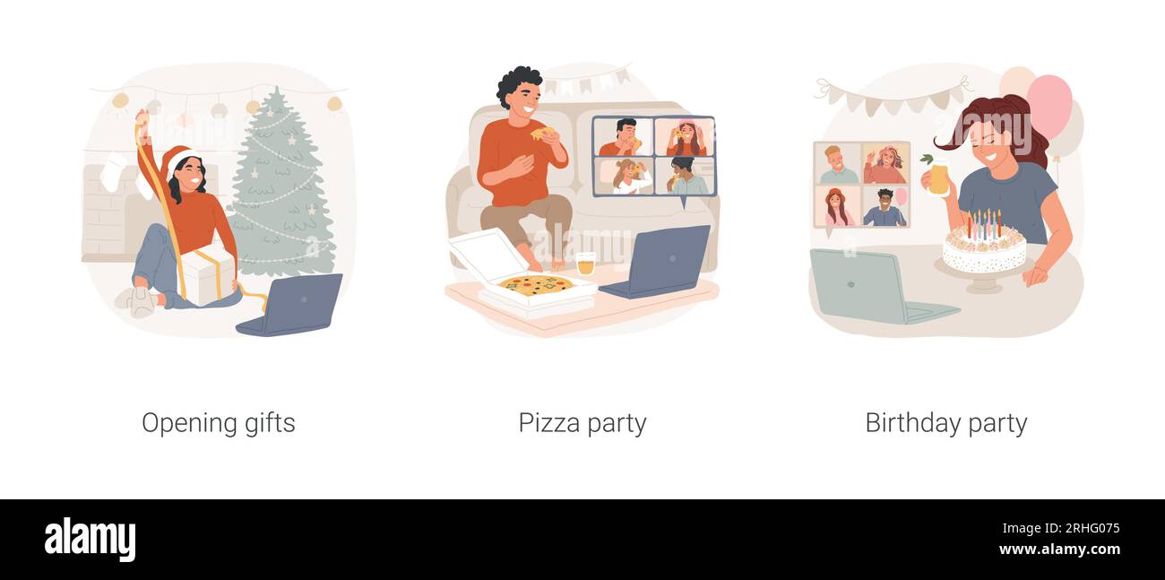 Virtual party isolated cartoon vector illustration set. Smiling teen ...