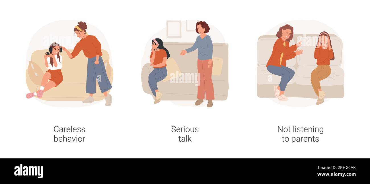 Teen-parent misunderstanding isolated cartoon vector illustration set ...