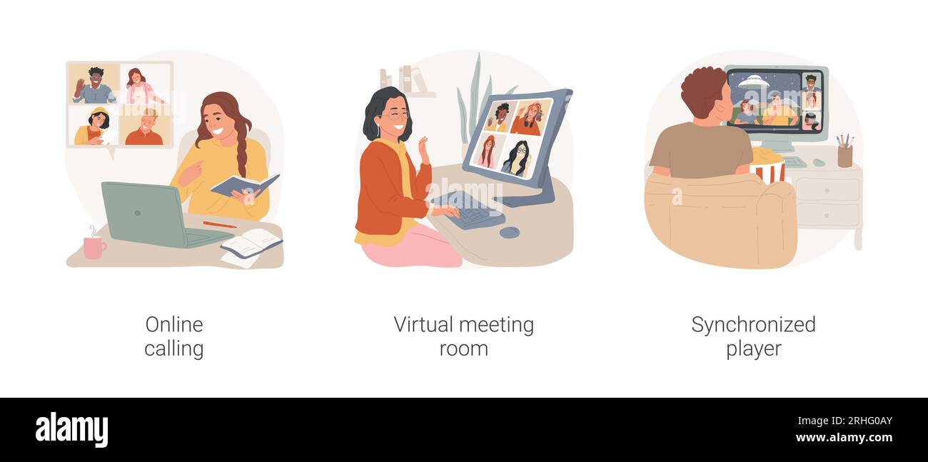 Online conferencing isolated cartoon vector illustration set. Smiling ...