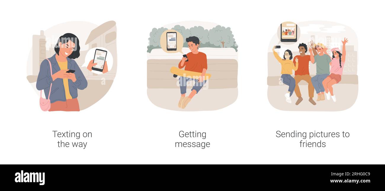 Texting with friends isolated cartoon vector illustration set ...