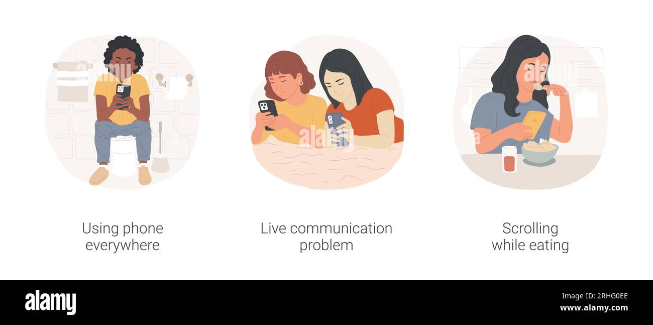 Screen overuse isolated cartoon vector illustration set. Using phone ...