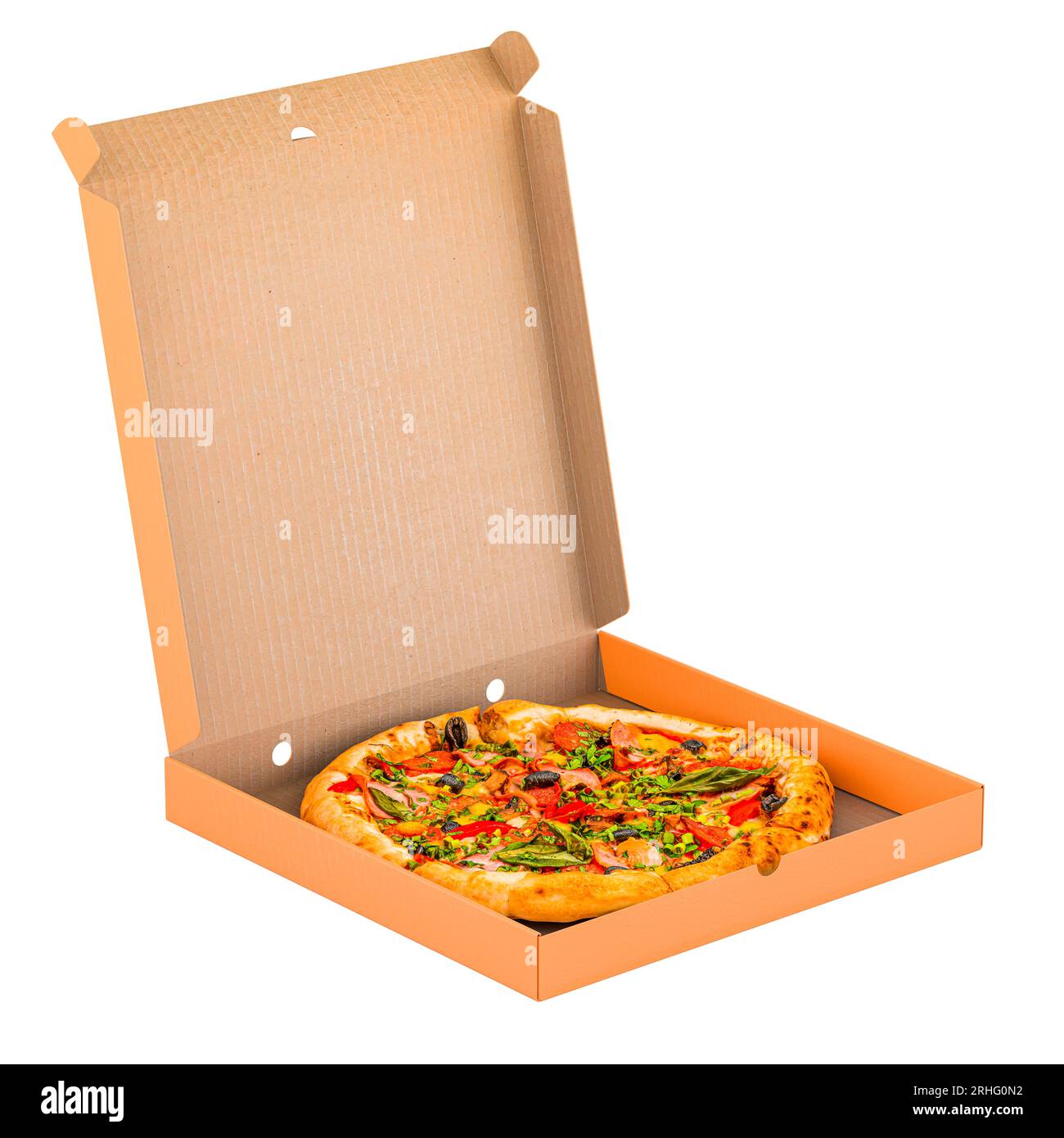 Opened pizza box with pizza, 3D rendering isolated on white background ...