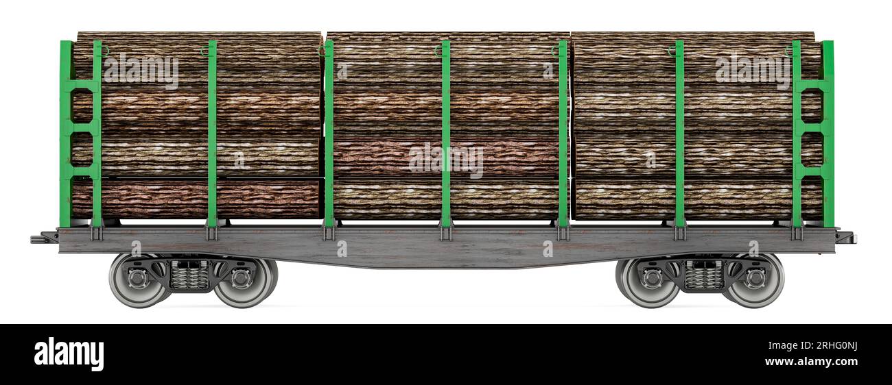 Freight wagon with wooden logs, 3D rendering isolated on white ...