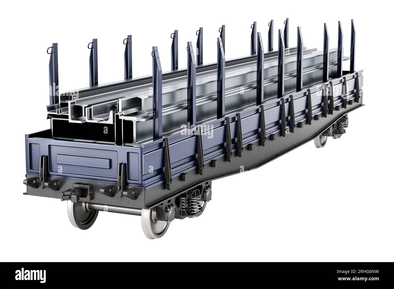 Freight wagon with stack of rolled metal products, side view. 3D ...