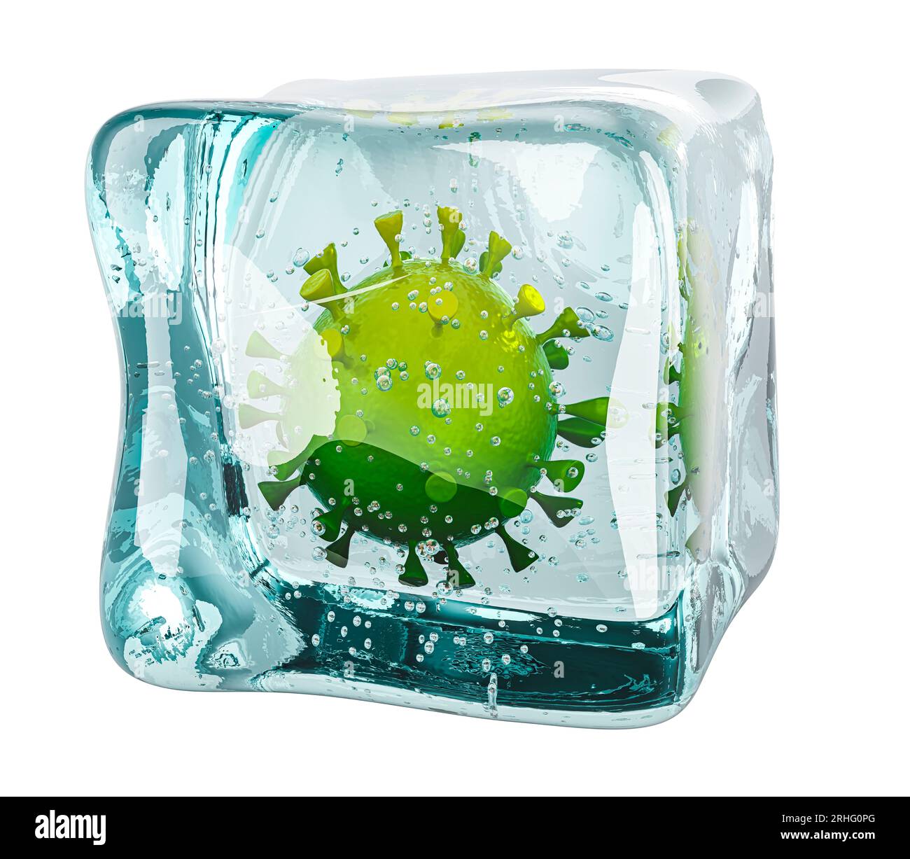Virus frozen in ice cube, 3D rendering isolated on white background ...