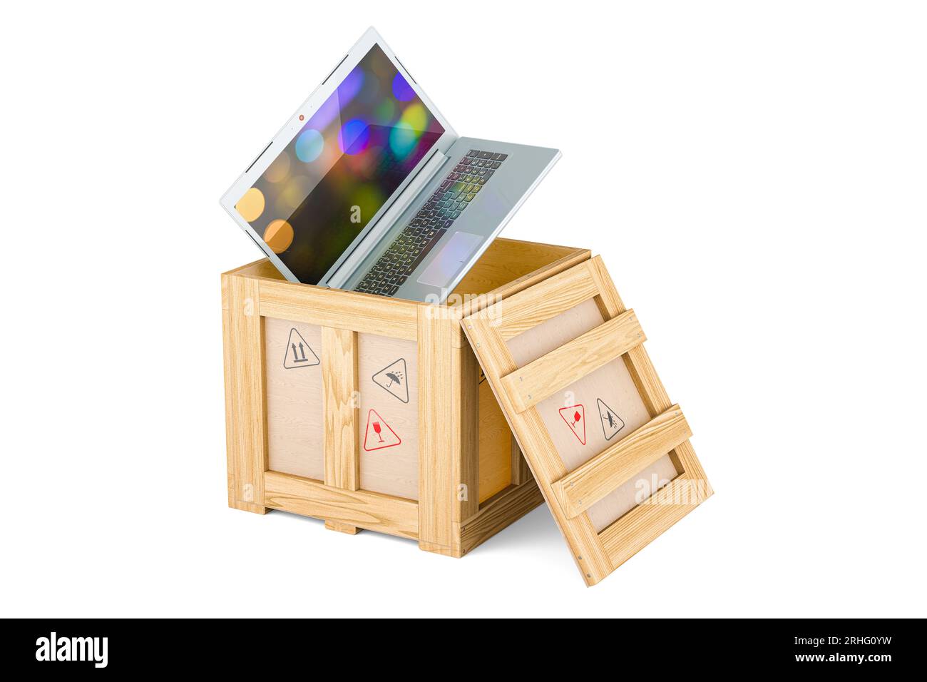 Laptop with opened display inside wooden box, delivery concept. 3D ...