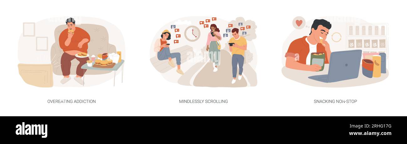 Addictive habits isolated concept vector illustration set. Overeating ...