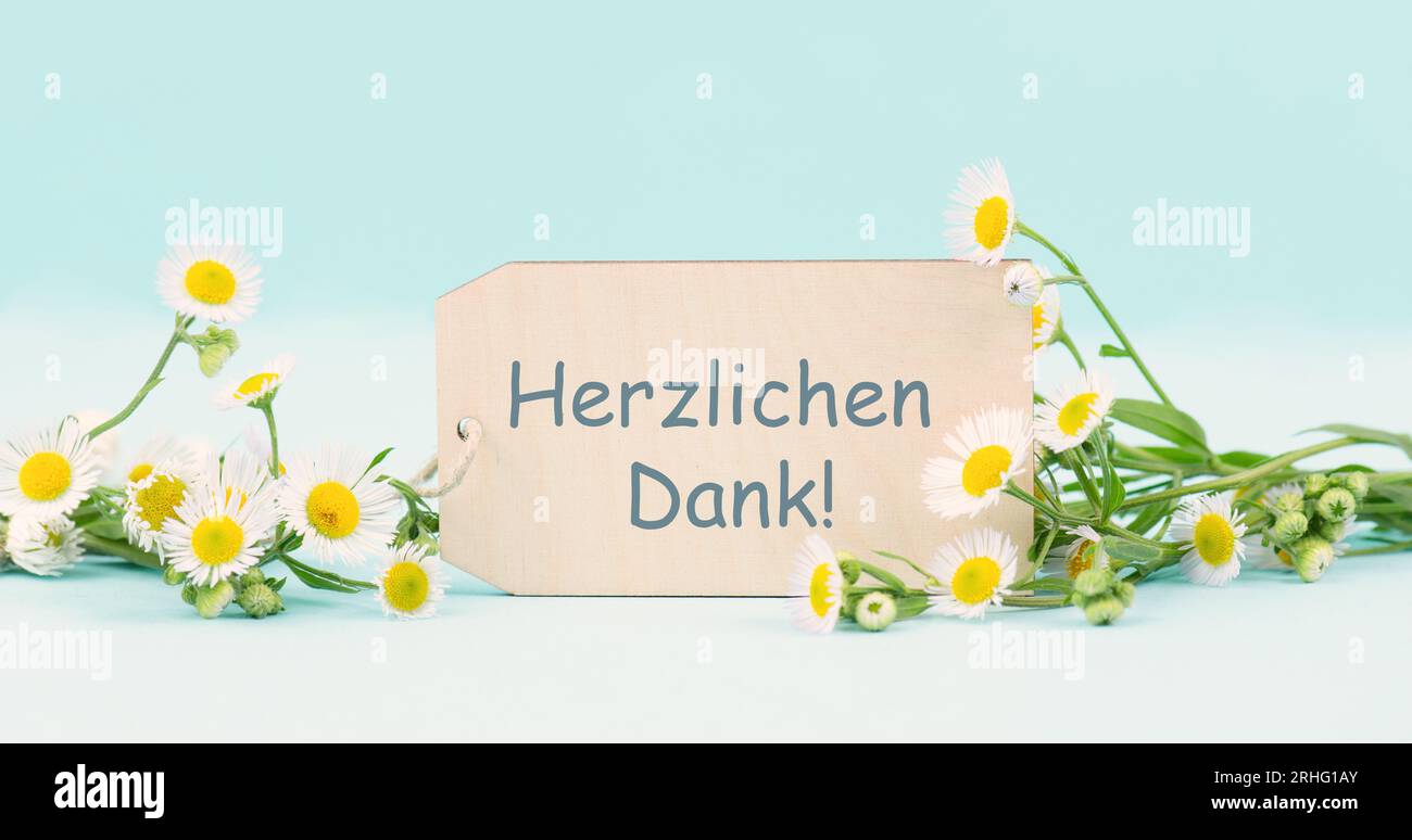 Thank you in german language, card surrounded by flowers, being ...