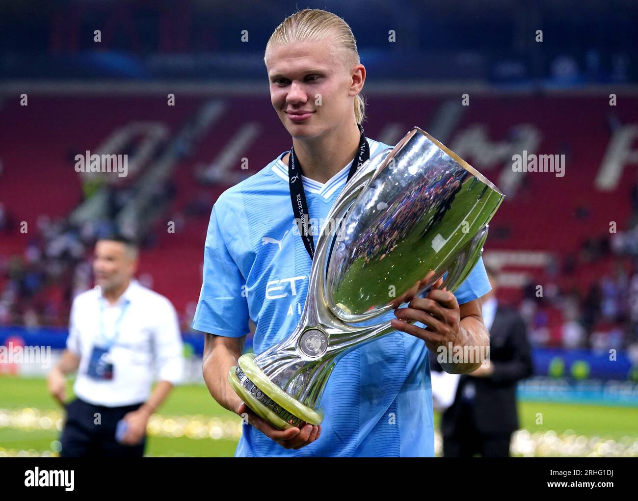 Manchester City's Erling Haaland poses for a photo with the UEFA Super ...