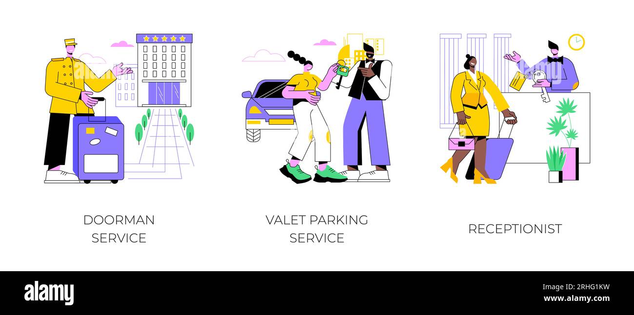 Hotel service isolated cartoon vector illustrations set. Smiling ...