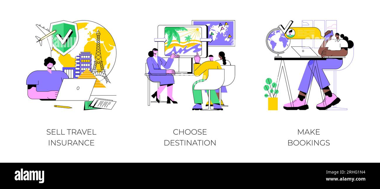 Travel agency isolated cartoon vector illustrations set. Agent selling ...