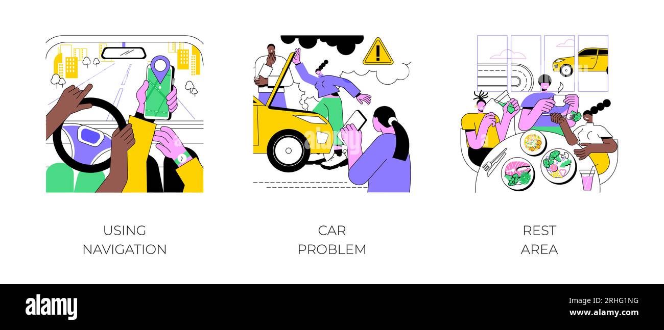 Road trip isolated cartoon vector illustrations set. Couple driving car ...