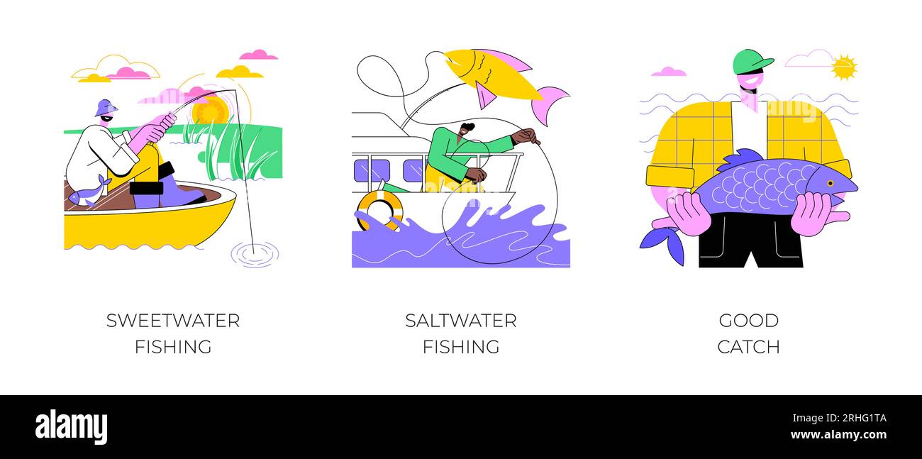 Fishing isolated cartoon vector illustrations set. Man catching fish in ...