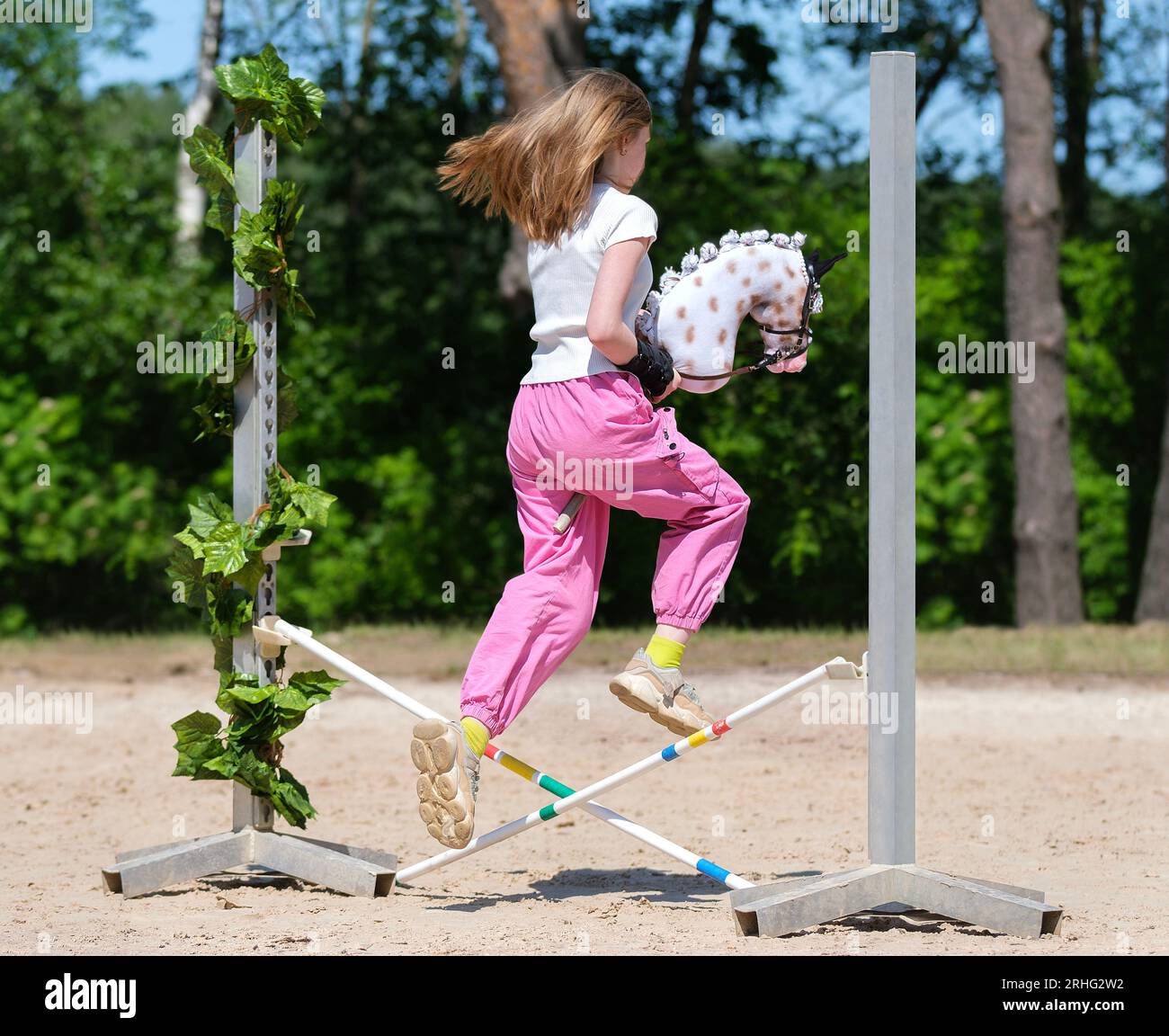 Girl jumping on hobby horse. Champion. Horse sport. Summer light. Green ...
