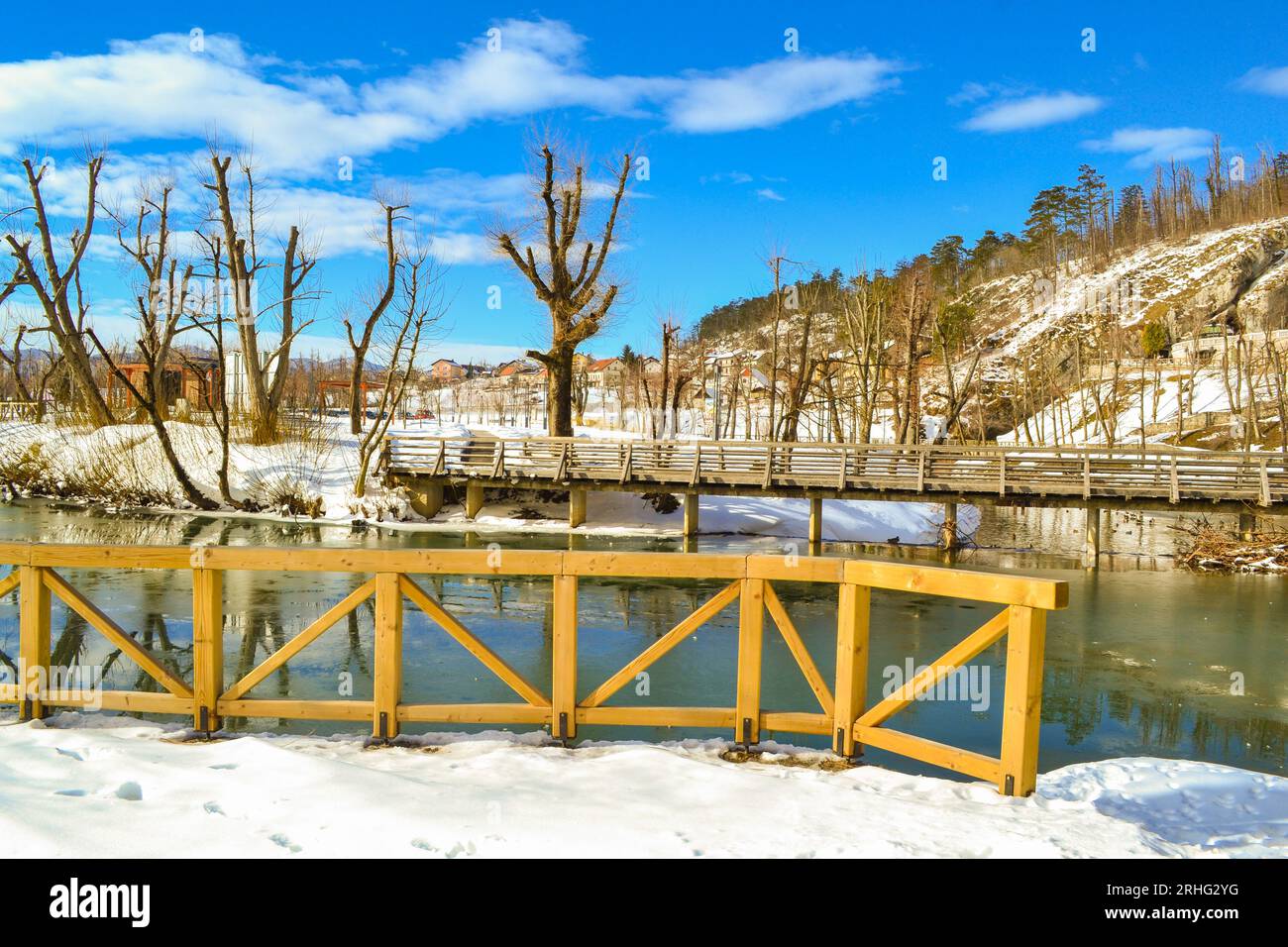 View of Pivka river park on nice winter day.It is a karst lost river in ...