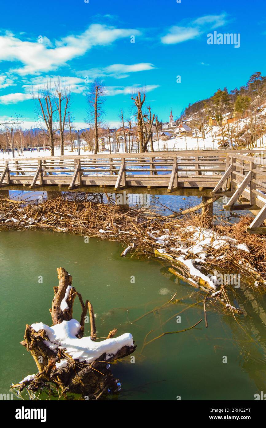 View of Pivka river park on nice winter day.It is a karst lost river in ...