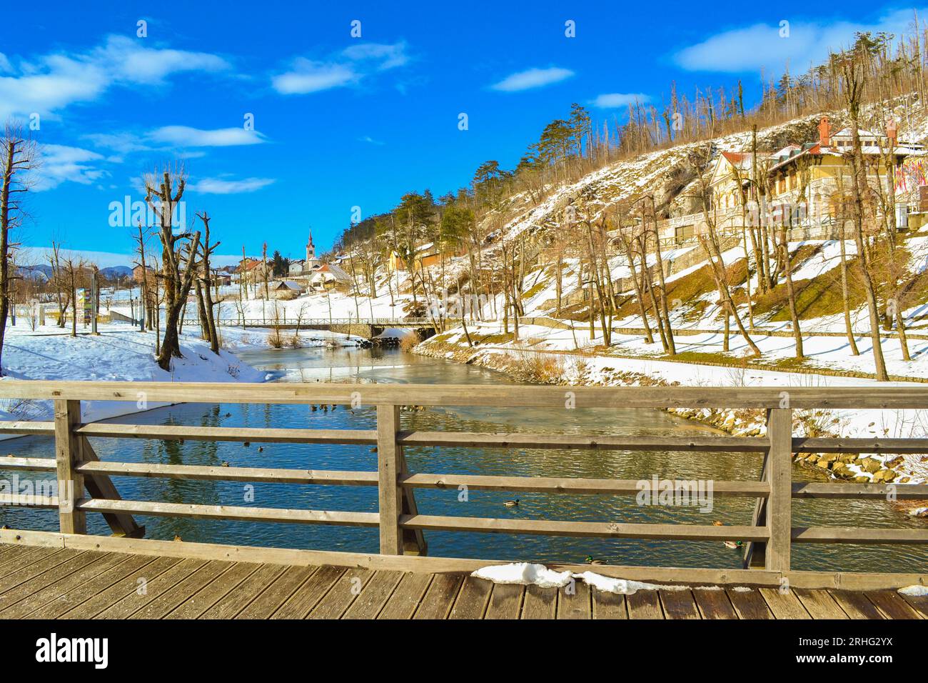 View of Pivka river park on nice winter day.It is a karst lost river in ...