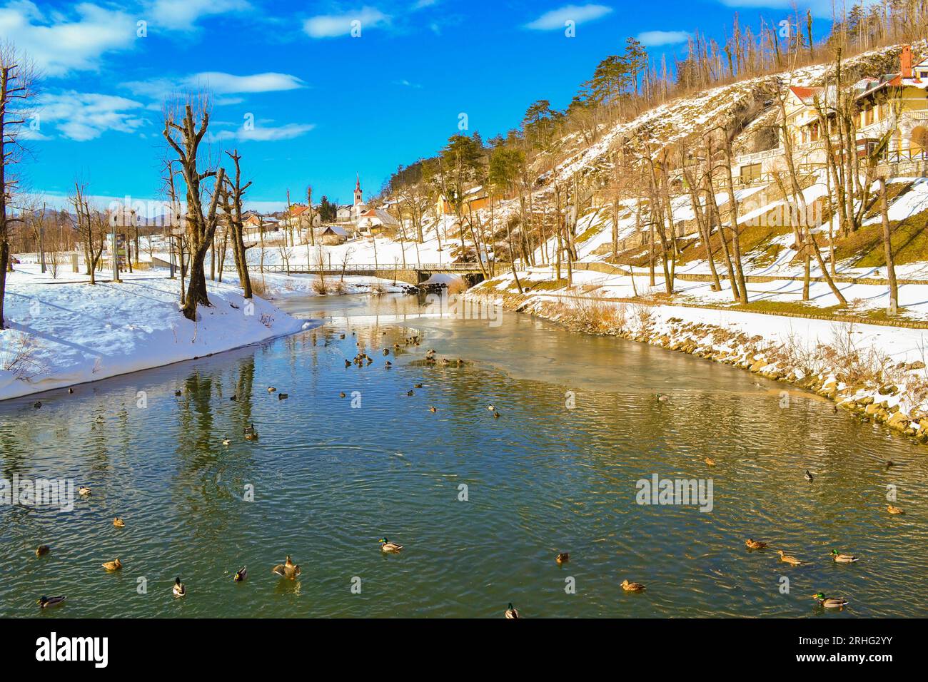 View of Pivka river park on nice winter day.It is a karst lost river in ...